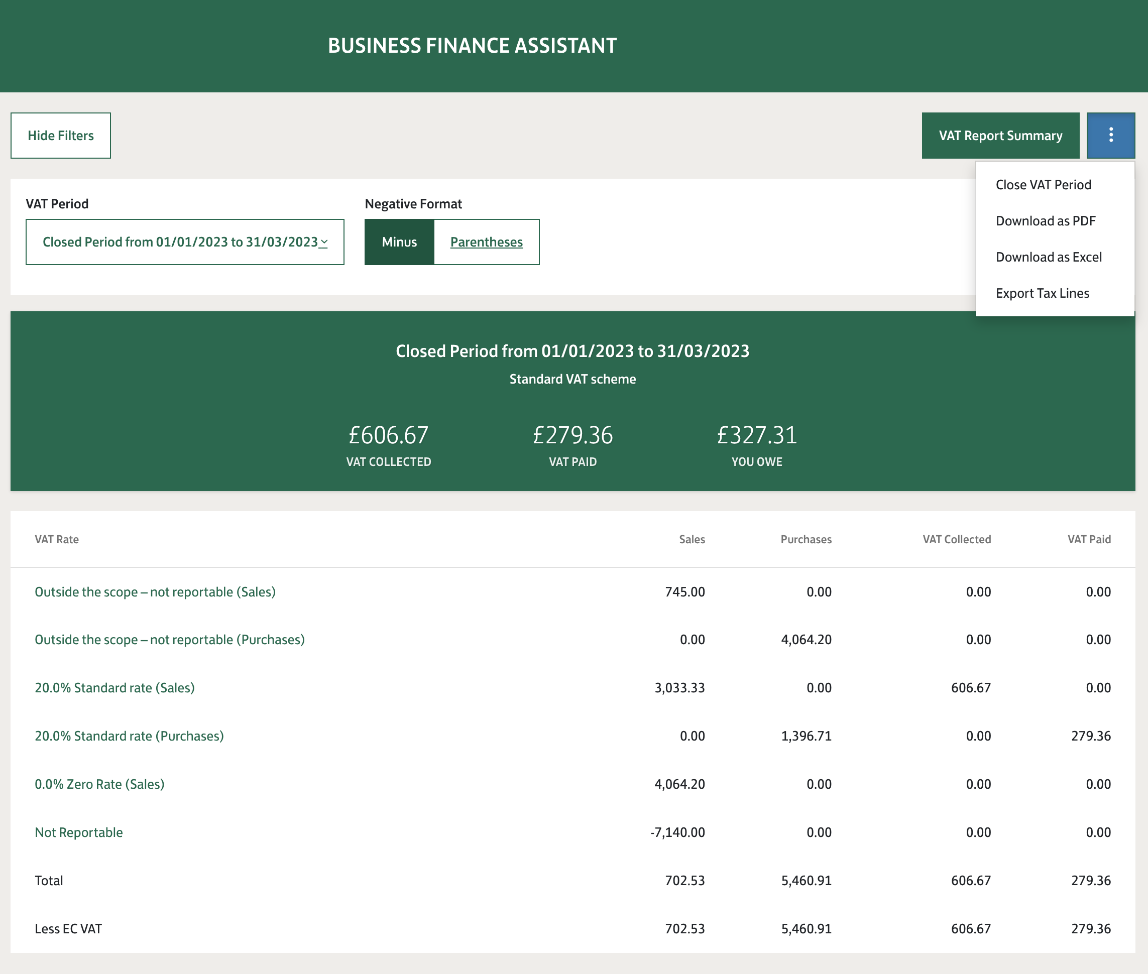 Viewing past VAT reports – Business Finance Assistant